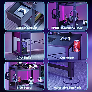 TREETALK Gaming Desk with Power Outlets & Music Strip Lights,47In Reversible Computer Desk with Storages Shelves,Wooden Drawer& CPU Stand, PC Laptop Table with Large Monitor Stand for Home Office