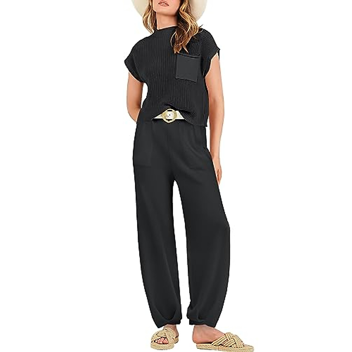 ANRABESS Women's Two Piece Outfits Sweater Sets Knit Pullover Tops Casual Pants Matching Lounge Sets 2023 Spring Summer Fashion Clothes Tracksuit Sweatsuit Set 953heise-L