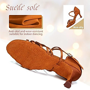 JUODVMP Women's Latin Dance Shoes Brown Satin Open Toe 3 inch Heel Ballroom Salsa Dance Sandals with Suede Sole,6.5US