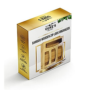 Duke's Bamboo Ziplock Bag Organizer - Food Plastic Ziploc Bag Organizer for Drawer or Wall - Compartments for Snack, Sandwich, Quart, Gallon Bags - Secure Shutter Locks - Includes Wooden Pen Box
