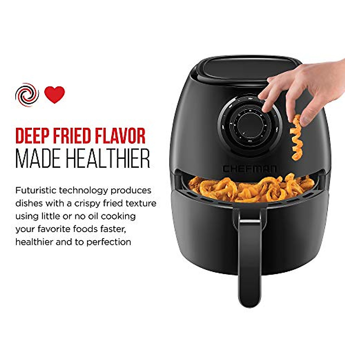 CHEFMAN Small Air Fryer Healthy Cooking, 3.6 Qt, Nonstick, User Friendly and Dual Control Temperature, w/ 60 Minute Timer & Auto Shutoff, Dishwasher Safe Basket, Matte Black, Cookbook Included