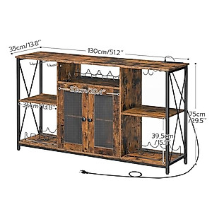 HOOBRO Wine Bar Cabinet with Led Lights and Power Outlets, Coffee Bar Cabinet for Glasses, Sideboard Buffet Cabinet, Liquor Cabinet for Dining, Living Room, Bar, Rustic Brown and Black BF13UDJG01