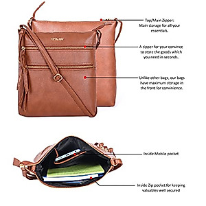 Leather Crossbody Bags for Women - Medium Crossover Purse Women's Handbag cross body Adjustable Shoulder Strap (Tan)