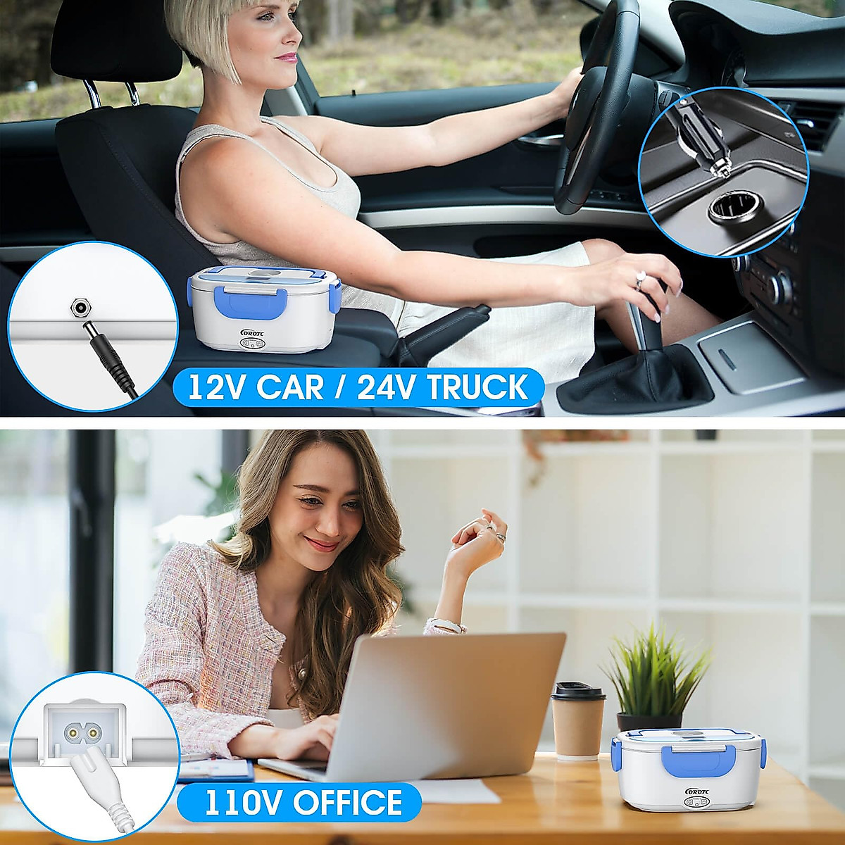 COROTC 60W Electric Lunch Box, 12V/24V/110V 3 In 1 Leak Proof Food Warmer Lunch Box For Car/Truck/Home/Office, 1.5L Portable Food Warmer With 304 Stainless Steel Tray, Fork, Spoon, Compartment