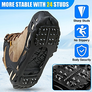 Ice Cleats for Shoes and Boots Men Women Snow Traction Cleats Crampons Anti Slip Shoe Grippers Spikes for Snow Ice Winter Walking Non-Slip 24 Studs Overshoe Slip-on Stretch Footwear