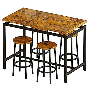 AWQM Bar Table and Chairs Set Industrial Counter Height Pub Table with 4 Chairs Bar Table Set 5 Pieces Dining Table Set Home Kitchen Breakfast Table, Black and Industrial Brown