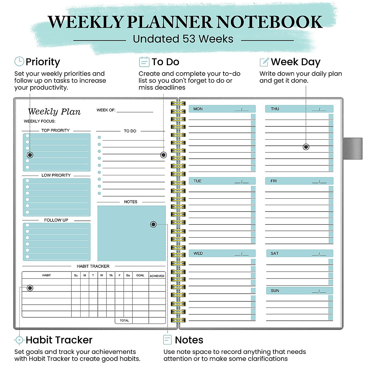 7"x10" Undated Weekly Planner, 53 Weeks To Do List Goals Notebook with Spiral Binding, Flexible Cover, Perfect for Daily & Weekly Plan (Gray)