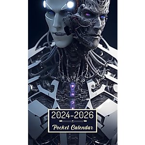 Pocket Calendar 2024-2026: Two-Year Monthly Planner for Purse , 36 Months from January 2024 to December 2026 | Cyberpunk android | Evil man | Facial muscles | Dark background