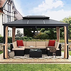 Greesum 10'x13' Hardtop Polycarbonate Gazebo, Outdoor Steel Double Roof Canopy, Aluminum Frame Permanent Pavilion with Netting and Curtains for Patio, Backyard and Lawns