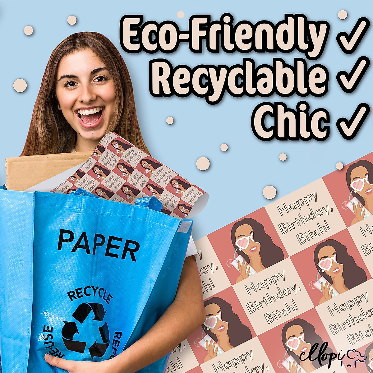 Super Cute, Funny Happy Birthday Girl 20x30 Inch Wrapping Paper Sheets 3 Pack. Recyclable, Novelty Design Squares Great for Friends. Unique, Folded Heavy Duty Gift-Wrap Papers for Women’s Bday Gifts.