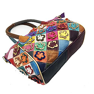 Maxzoom Womens Genuine Leather Hobo Bag Colorful Shoulder Handbag Purses with Contrast Color Patchwork and Handmade
