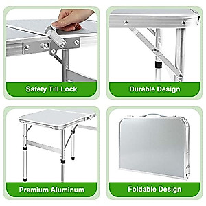 JUOIFIP Folding Camping Table Outdoor, 2 Adjustable Height Portable Folding Camping Table for Camp, Lightweight Aluminum Fold Up Camp Table for Picnic, BBQ, Party, Travel, Home Use. White