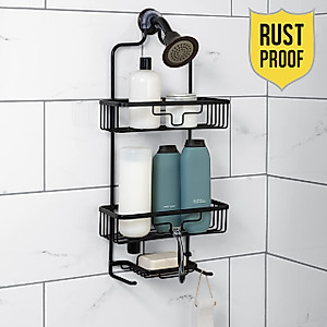 Zenna Home Rustproof Shower Caddy Hanging Bathroom Organizer, Aluminum Shower Rack with 2 Shelves and Built in Hooks, Premium Over Shower Head Storage System, Black