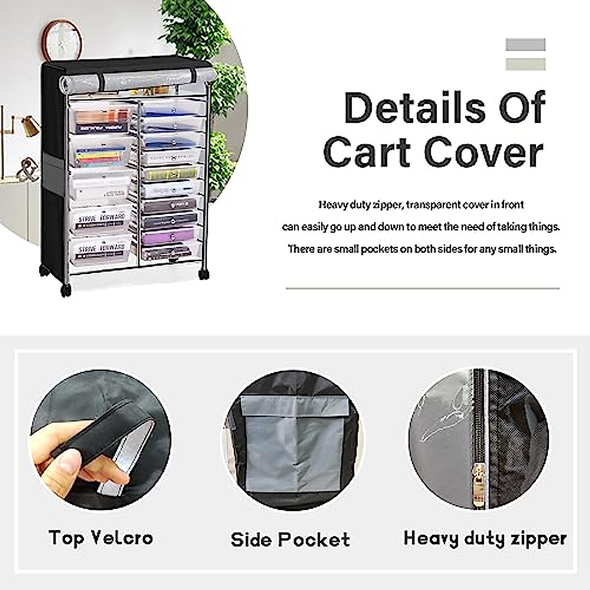 Utility Cart Cover, 15 Drawer Rolling Cart Cover, Fits Racks 25" Lx14''Dx36''H One Side See Through Panel, Without Rolling Cart (Cover Only)