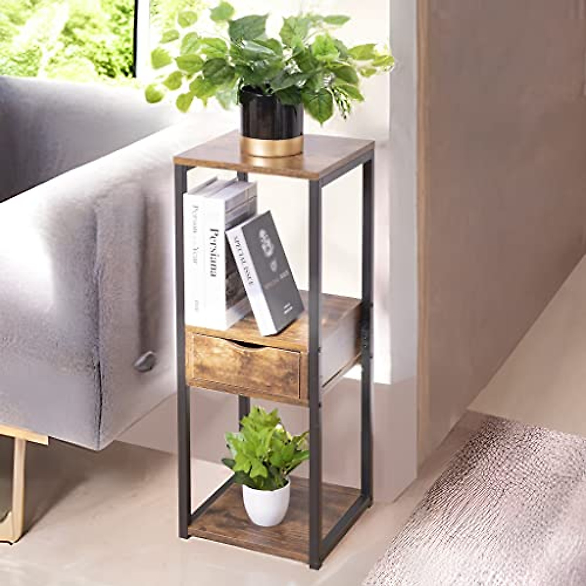 VonDream 3 Tier Plant Stand Indoor , Tall Pedestal Stand with Drawer, Tall Plant Stand for Indoor Plants Multiple, Corner Plant Table Indoor, Small Side Table for Living Room