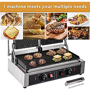 Commercial Sandwich Panini Press,110V 3600W Countertop Panini Grill,Non-Stick Full Grooved Plates Panini Press Grill,Temperature Control 122°F-572°F Electric Sandwich Maker for Hamburgers Steaks
