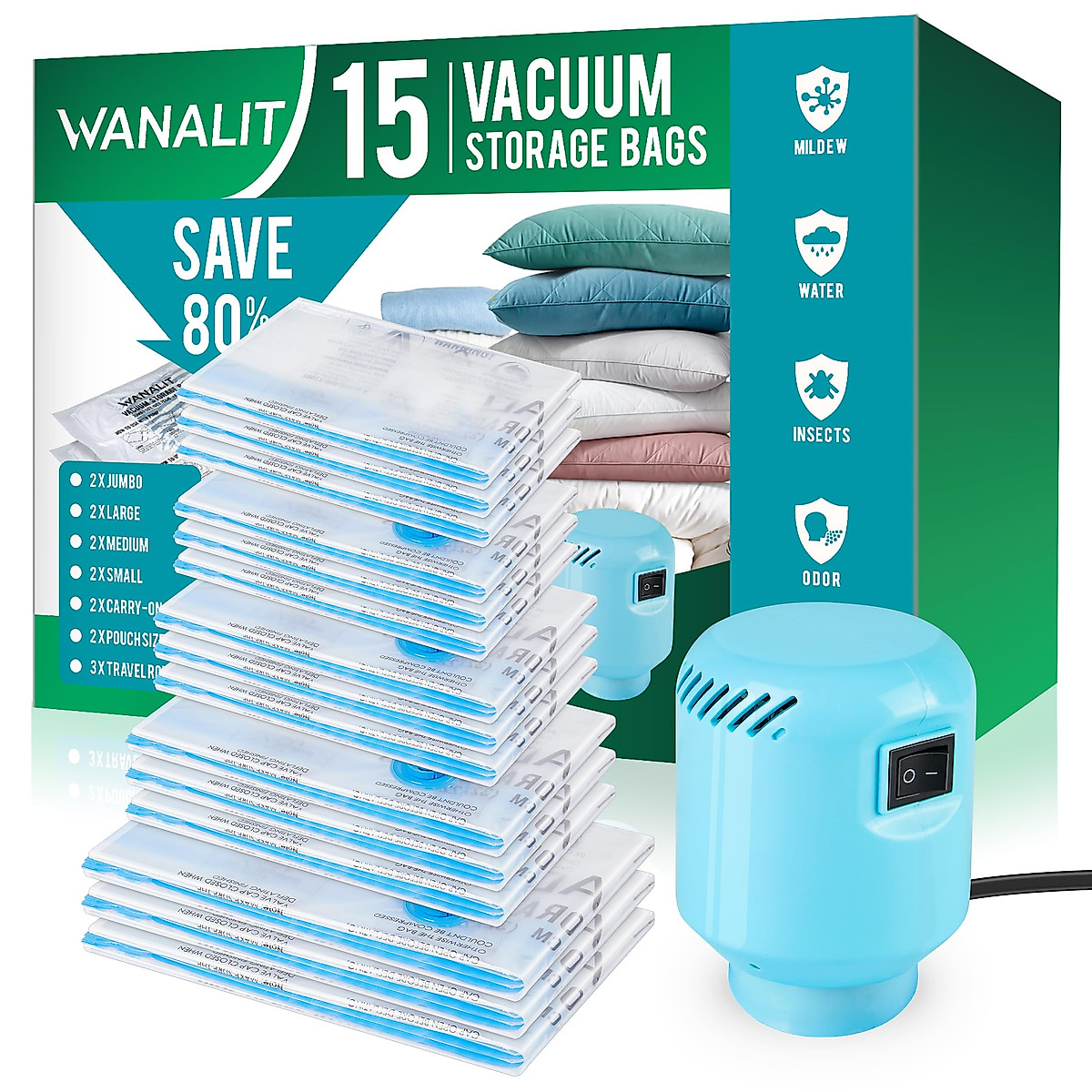 Vacuum Storage Bags with Electric Air Pump, 15 Pack (3 Jumbo, 3 Large, 3 Medium, 3 Small, 3 Roll Up Bags) Space Saver Bag, Vacuum Sealer Bags for Clothes, Blanket, Duvets, Pillows, Comforters, Travel