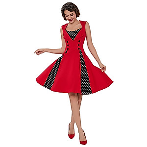 KILLREAL Women's Casual Cocktail Vintage Style Polka Dot Print Rockabilly Dress for Christmas Holiday Red Medium