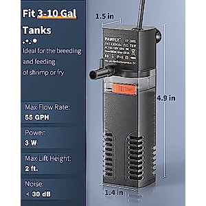 Pawfly Internal Aquarium Filter, Submersible Power Filter with 55 GPH Water Pump for 3 to 10 Gallon Fish Tanks Filtration Circulation and Oxygenation