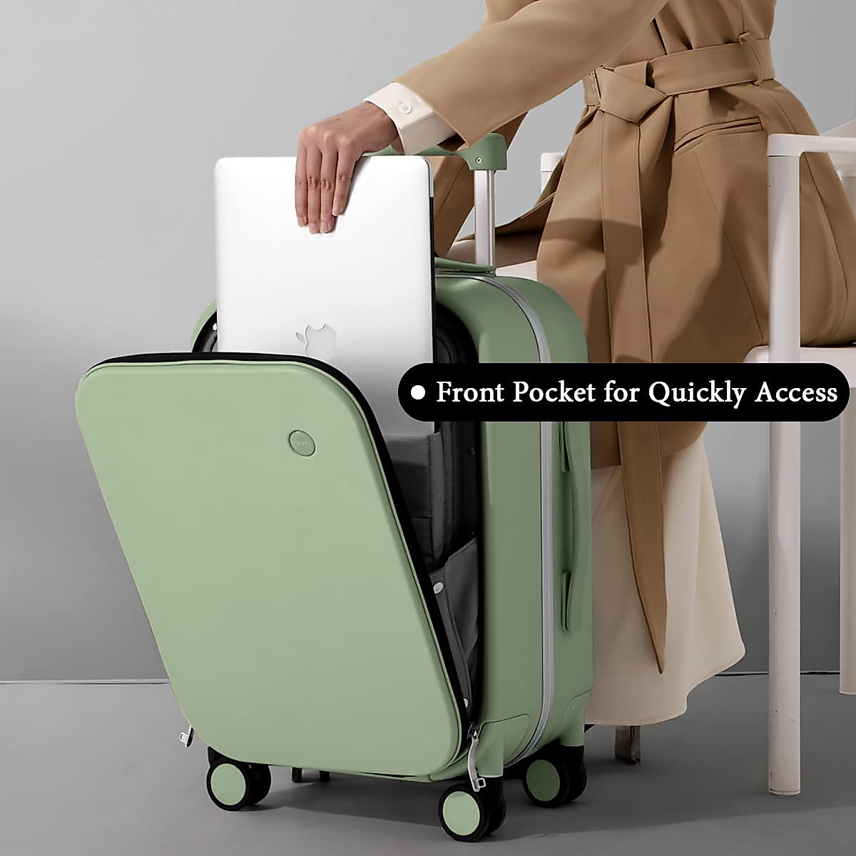 Mixi Carry On Luggage, 20'' Suitcase with Front Laptop Pocket, Travel Rolling Luggage Aluminum Frame PC Hardside with Spinner Wheels & TSA Lock and Cover - Avocado Green