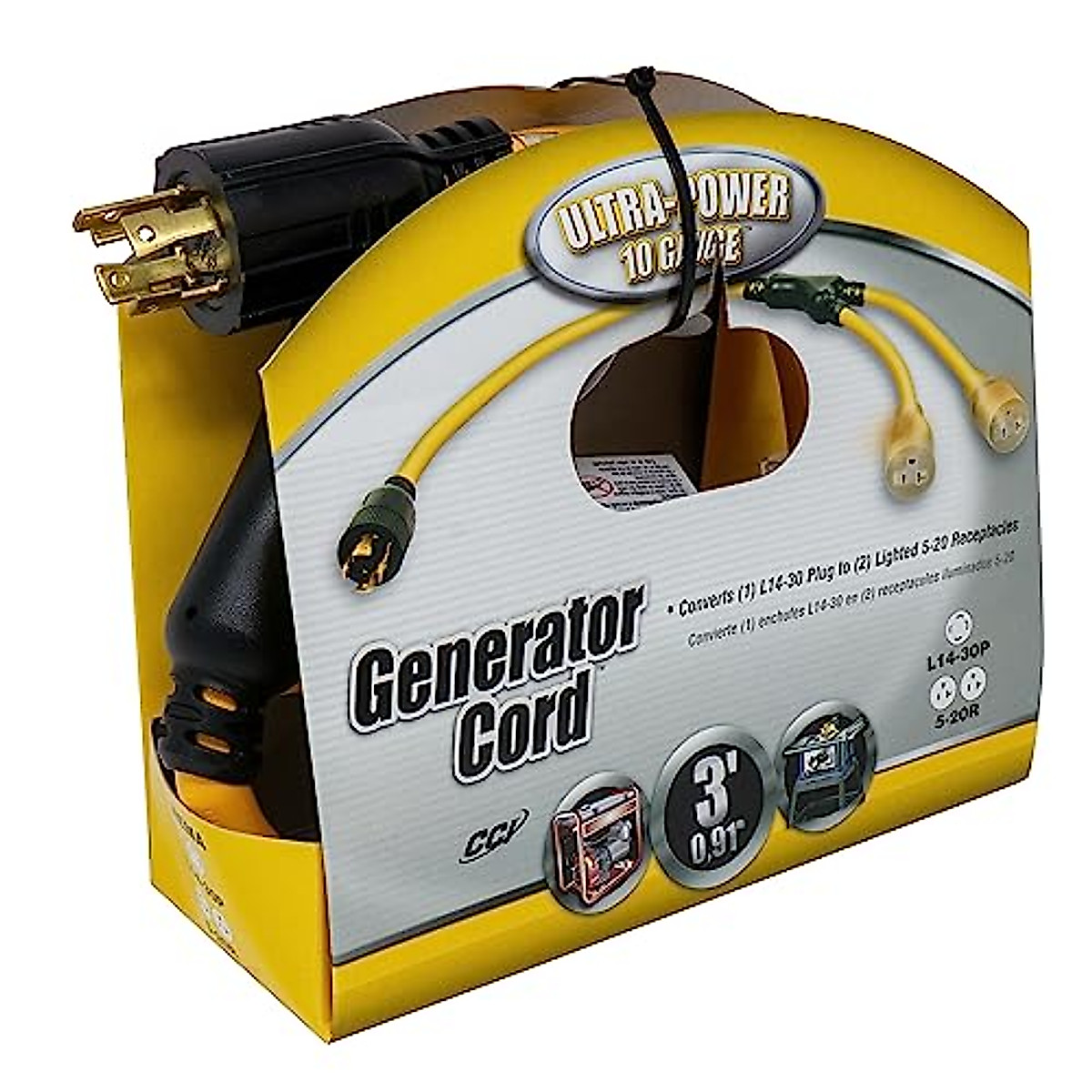 Coleman Cable 01934 3-Feet Generator Power Cord Adapter, 10/4 Splitter Y Adapter, L14-30P to (2) 10/3 Lighted 5-20R