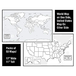Educational Blank Outline Maps, 2-Sided World & US, 17” x 11”, 50-Pack | Great Blank Map Worksheets for Classroom or Home Study | Laminated Answer Sheet Included | Map Packs are Perfect Desk Size