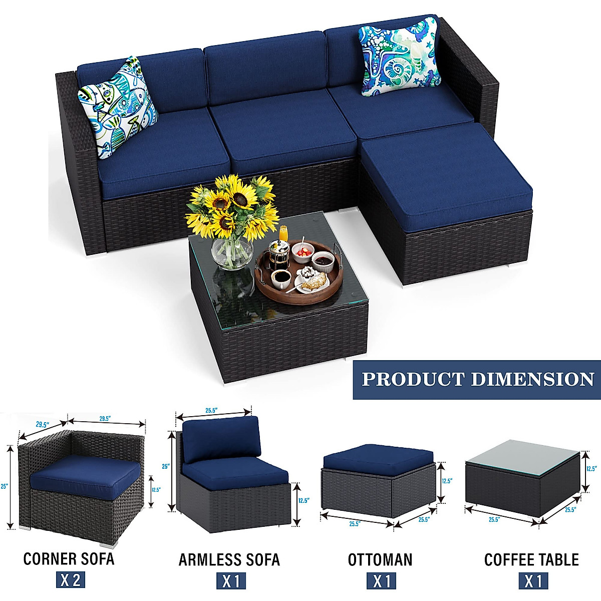 PHI VILLA Outdoor Patio Rattan Sectional Sofa- Patio Wicker Furniture Sofa Set 5-Piece, Blue