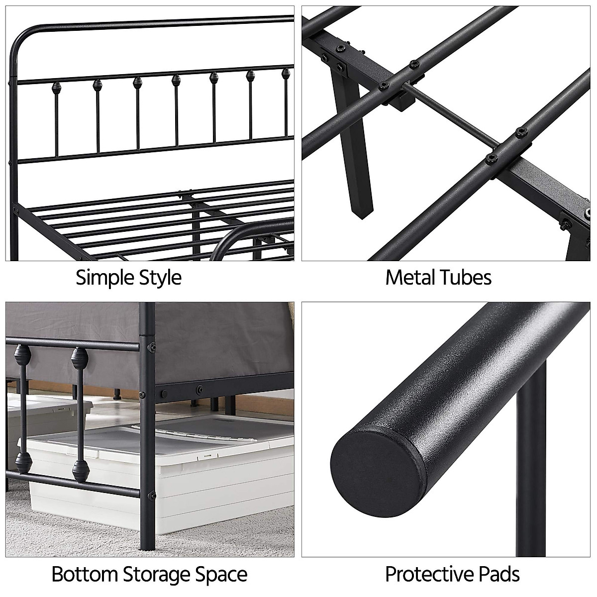 Topeakmart Full Size Victorian Style Metal Bed Frame with Headboard/Mattress Foundation/No Box Spring Needed/Under Bed Storage/Strong Slat Support Black