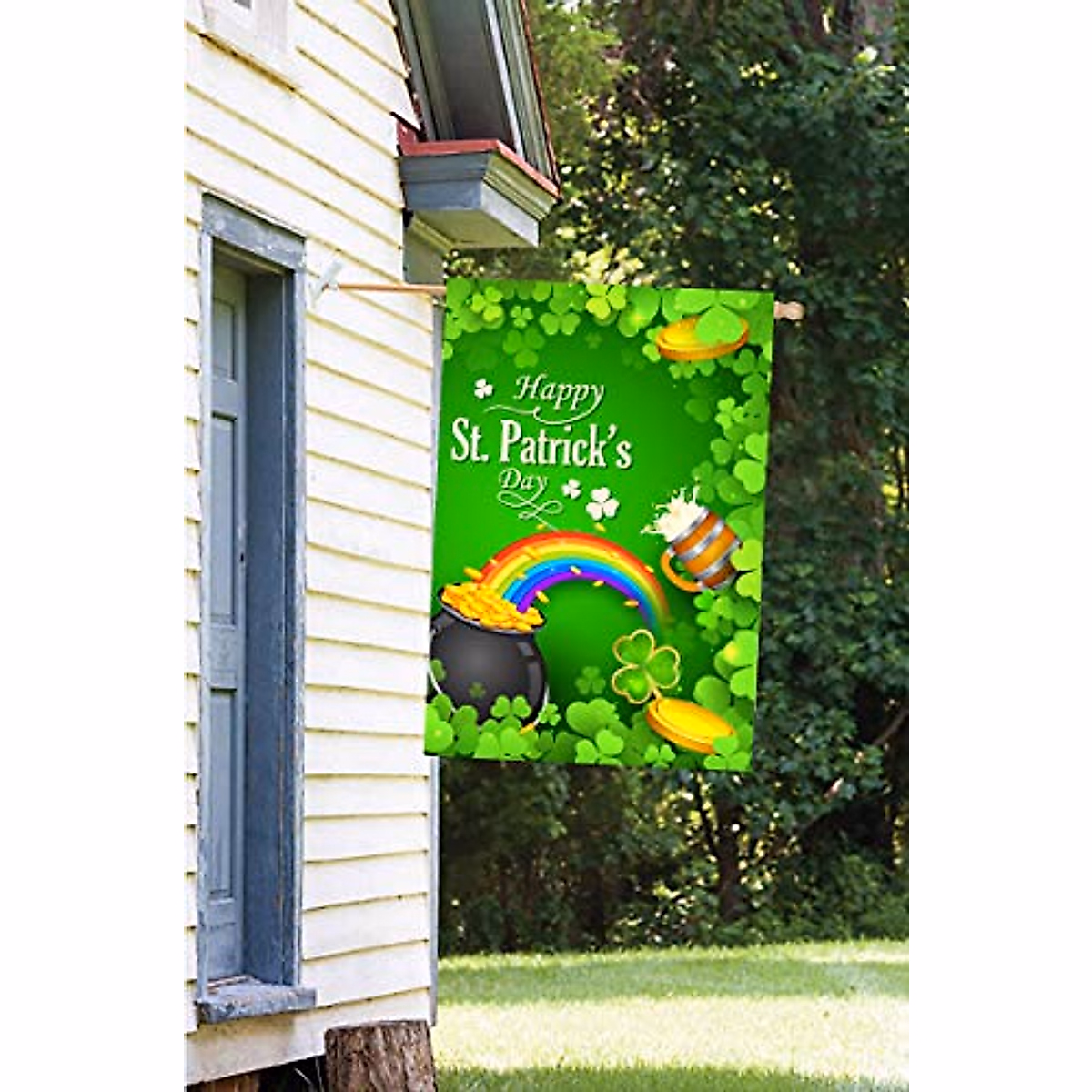 ShineSnow Happy St Patrick's Day Shamrock Spring Clover Lucky Rainbow Coin Pot House Flag 28" x 40" Double Sided Polyester Welcome Large Yard Garden Flag Banners for Patio Lawn Home Outdoor Decor