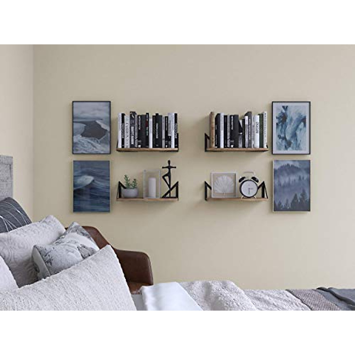 Wallniture Minori Floating Shelves Set of 4, Small Bookshelf Unit for Bedroom, Office, Bathroom, and Living Room, Natural Burned Rustic Wood Wall Decor with Metal Floating Shelf Bracket