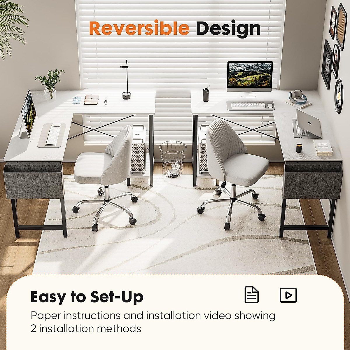 Sweetcrispy L Shaped Desk Gaming Computer 50 Inch Reversible Corner White Table PC Work Table for Writing Study Student with Wood Tabletop Metal Frame CPU Stand Side Bag for Home Office Small Place