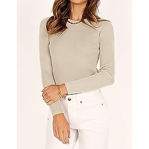 ZESICA Women's Long Sleeve Crewneck Shirts 2023 Fall Clothes Ribbed Knit Sweaters Slim Fitted Casual Basic Tee Tops,Almond,Large