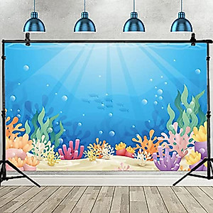 7x5ft Under The Sea Backdrop Colorful Reefs and Algae Decoration Underwater World Backdrops Sun Ray Ocean Photography Background Baby Kids Sea Theme Party Cake Table Banner