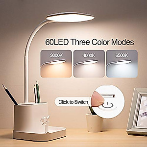 Desk Lamps for Home Office, 3 Light Colors Dimmable Desk Light Led Desk Lamp with Charger, Battery Operated Desk Lamp for Desk, Study Lamp with Pen & Phone Holder,White Led Desk Lamps for Home Office
