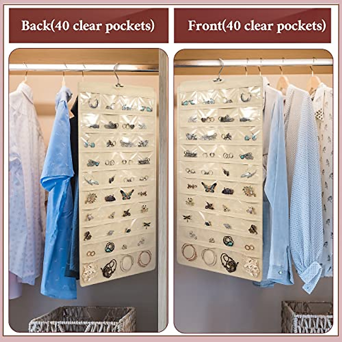 4 Pcs Hanging Jewelry Organizer with 80 Pockets Earring Storage Organizer Dual Sided Earring Holder Organizer Necklace Hanger Closet for Bracelet, Necklace, Ring, Knitting Tool, Accessories, Beige