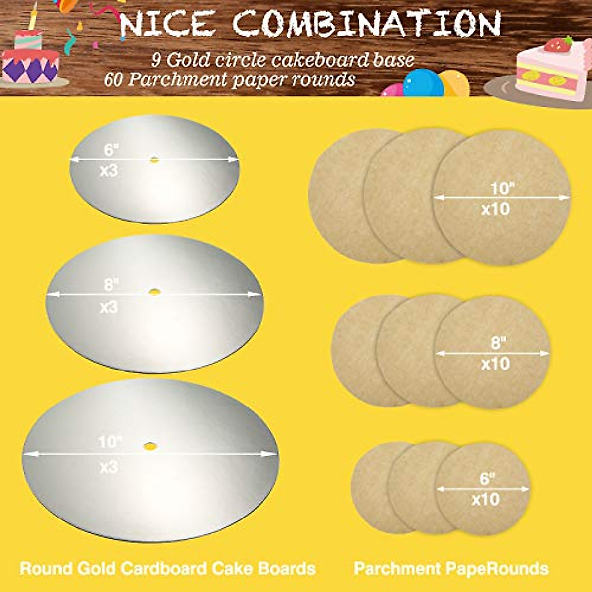 89 Pieces Cake Tier Stacking Kit Sturdy Round Cake Boards with Parchment Paper Round and Plastic Cake Dowel Rods for Cake Tier Stacking Support Decorating (6 Inch, 8 Inch, 10 Inch,Silver Boards)