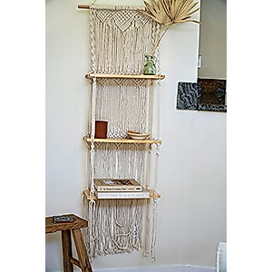 Van & Company 3 Tier Handmade Macrame Wall Hanging Shelf Includes 3 1.5cm Polished Wooden Shelves, Decorative Hand Made Roped Boho Shelving for Plants etc