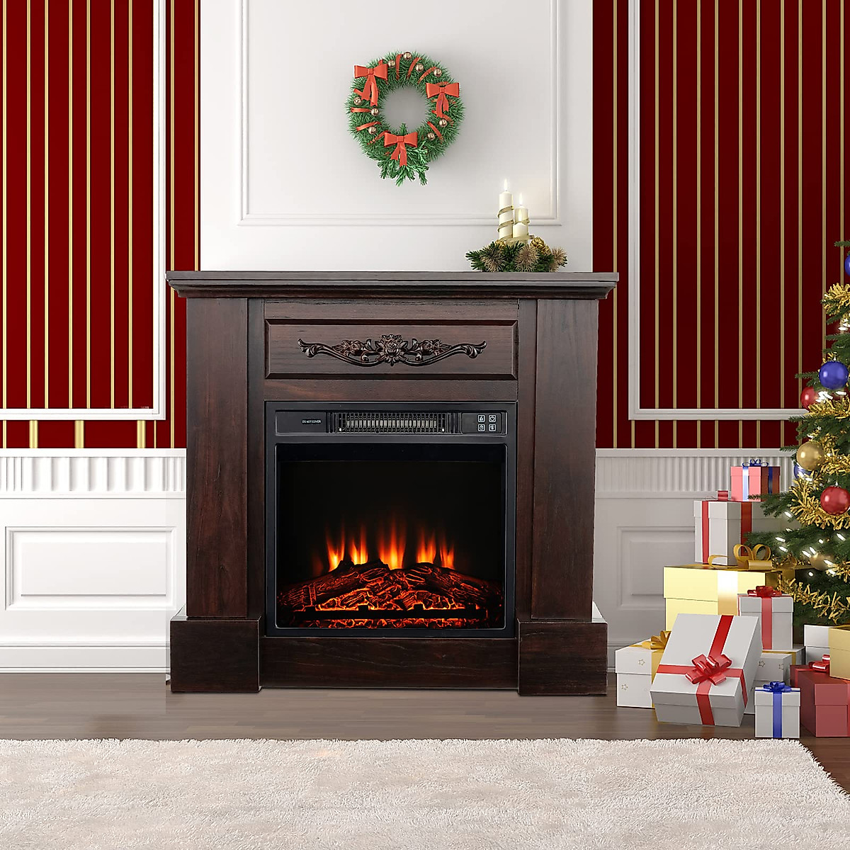 Tangkula 32’’Electric Fireplace with Mantle, Freestanding Fireplace Heater w/ 3D Realistic & Adjustable Flame, Remote Control, Overheat Protection, 1400 W Wooden Fireplace Mantel for Home (Brown)