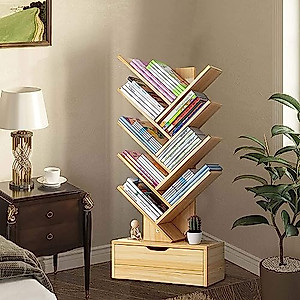 YOXIER Bookshelf,6 Tier Tree Bookshelf,6 Shelf Bookcase with Drawer,Free Standing Tree Bookcase,Simplicity Book Storage,Bearing Capacity Space Saving for Storing & Organizing Books in The Home Office