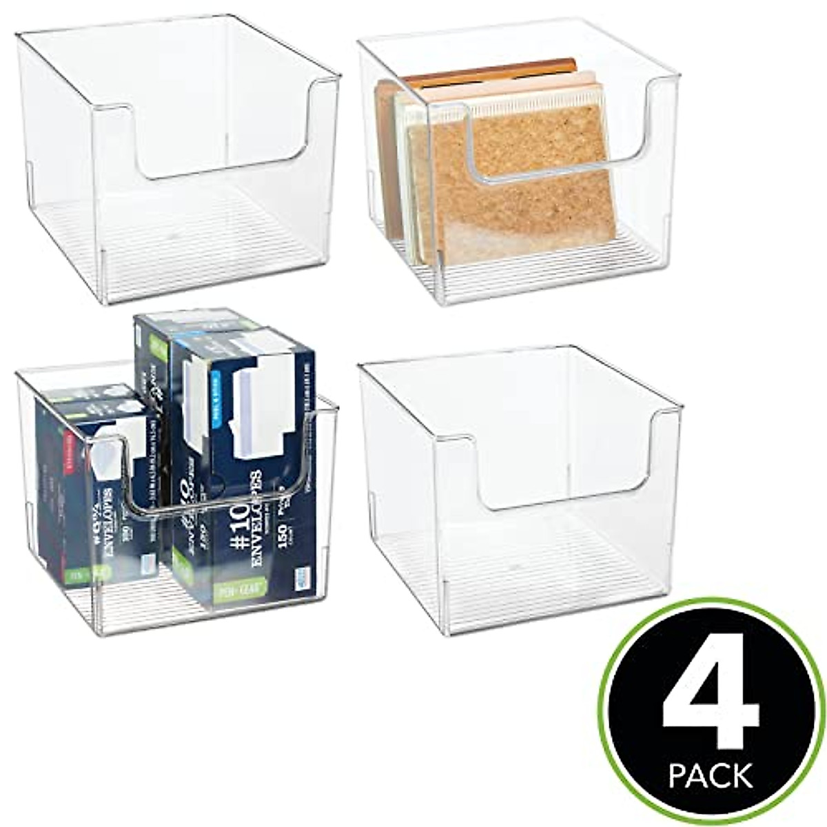mDesign Modern Plastic Open Front Dip Storage Organizer Bin Basket for Home Office Organization - Shelf, Cubby, Cabinet, Cupboard, and Closet Organizing Decor - Ligne Collection - 4 Pack - Clear