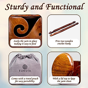 Eunoia Yarn Bowl with Round Lid, 7x5 Inch Handmade Yarn Holder for Crocheting, Decorative Knitting Bowl for Knitters with Wooden Crochet Hook and Travel Bag
