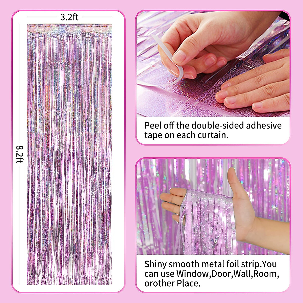 Pink Curtains for Pink Party Decorations, 3 Pack 3.3ft x 8.3ft Pink Streamers for Birthday Girl Princess Bachelorette Euphoria Theme Party Decorations, Pink Backdrop Photo Booth Props Party Supplies