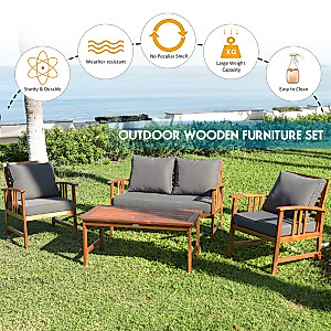 Tangkula 4 PCS Acacia Wood Patio Furniture Set, Outdoor Seating Chat Set with Gray Cushions & Back Pillow, Outdoor Conversation Set with Coffee Table, Ideal for Garden, Backyard, Poolside