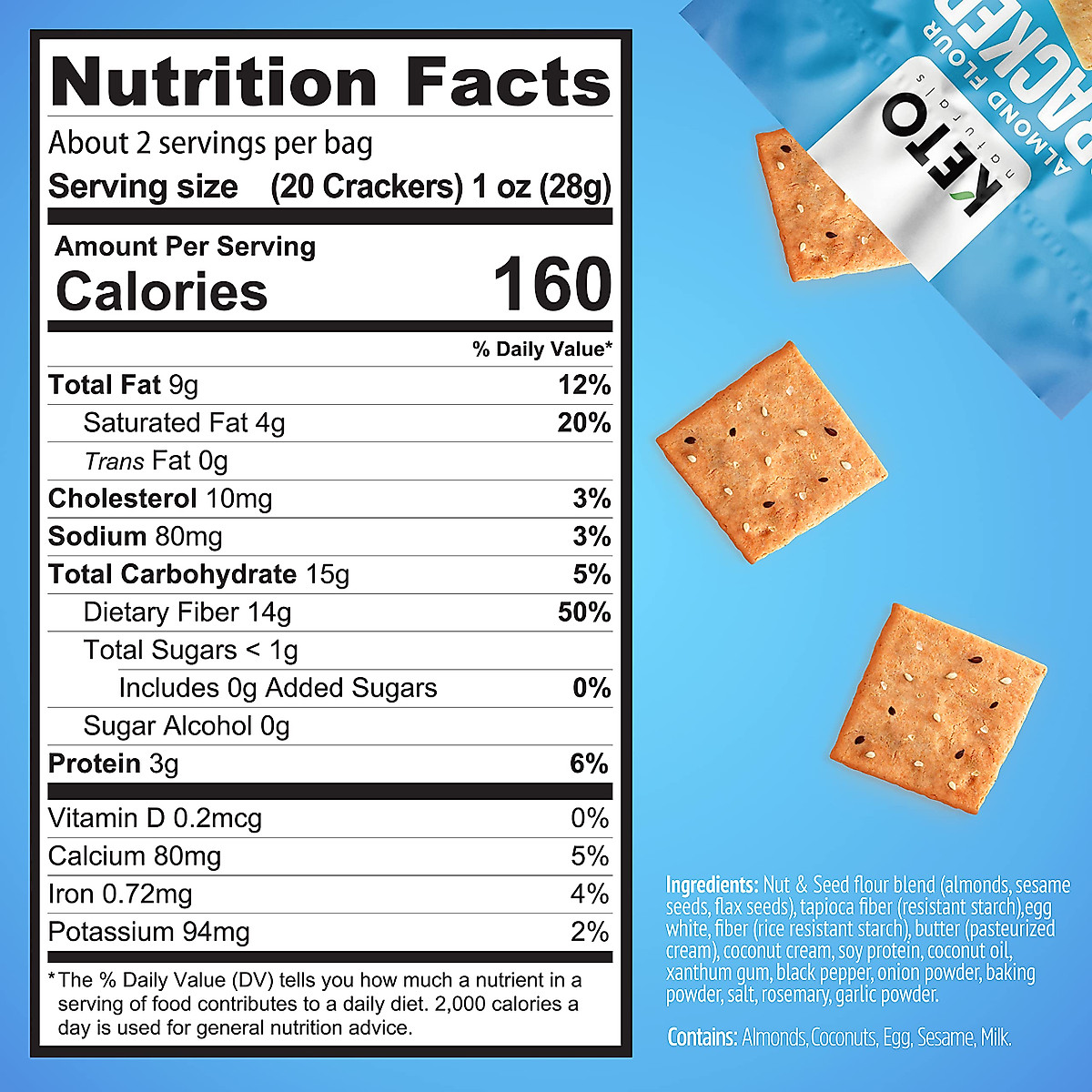 Keto low carb crackers (Sea Salt) Keto friendly zero carb no sugar added gluten free (3 Packs) almond flour crackers absolutely gluten free healthy snacks for adults and kids paleo friendly