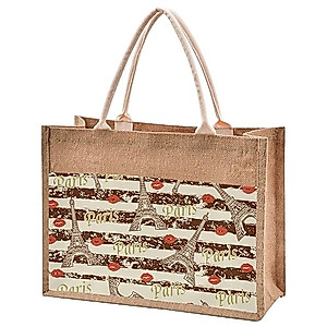 Jute Burlap Tote Vintage Paris Eiffel Tower Striped Kiss Lips Brown Beige Large Beach Bag Reusable Grocery Shopping Storage Bag