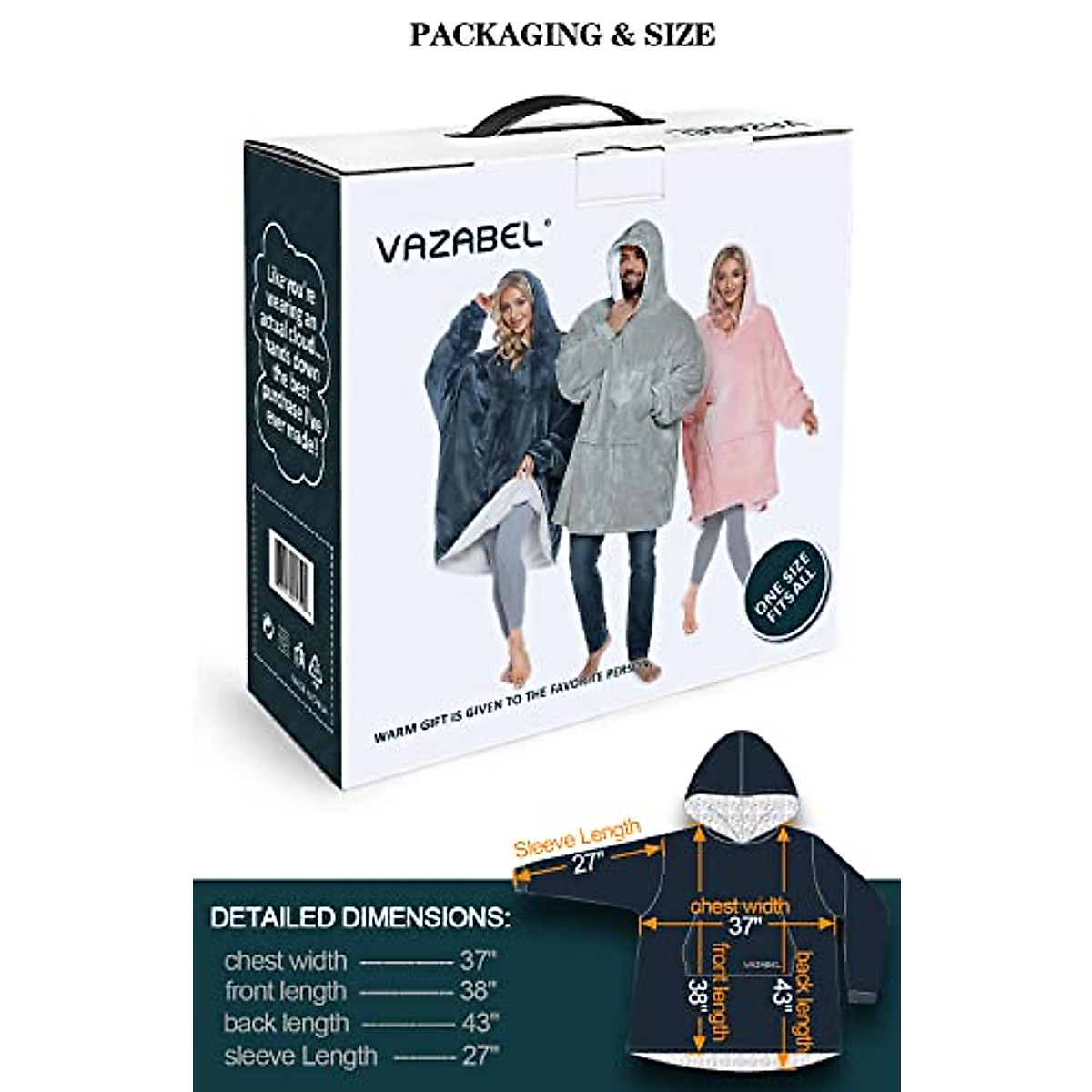 VAZABEL® Oversized Microfiber Wearable Blanket, Multifunctional Blanket Hoodie, Gift wrap, Christmas Gift, One Size Fits All (Blue)