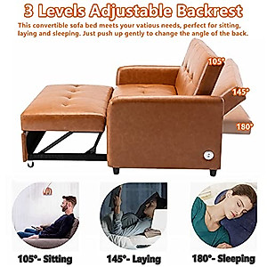Gynsseh Sleeper Loveseat Pull Out Bed, 3-in-1 Convertible Sleeper Sofa Bed with Dual USB Ports, Faux Leather Adjustable Pull Out Loveseat Sleeper for Living Room Bedroom S2-brown