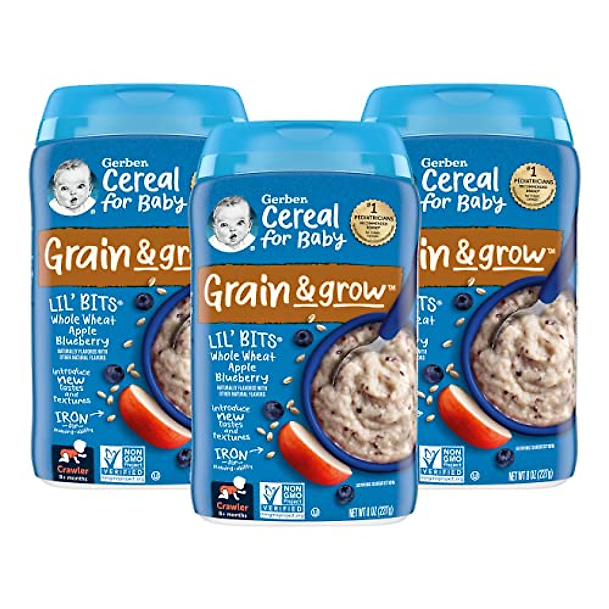 Gerber Cereal for Baby Grain & Grow Cereal, Lil’ Bits Whole Wheat Apple Blueberry Cereal, Non-GMO, For Crawlers 8+ Months, 8-Ounce Canister (Pack of 3)