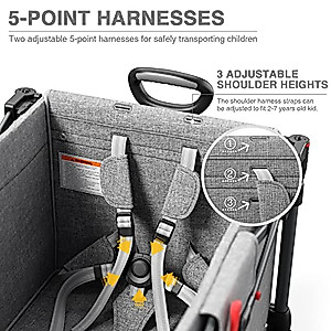 EVER ADVANCED Foldable Wagons for Two Kids & Cargo, Collapsible Folding Stroller with Adjustable Handle Bar,Removable Canopy with 5-Point Harness Gray