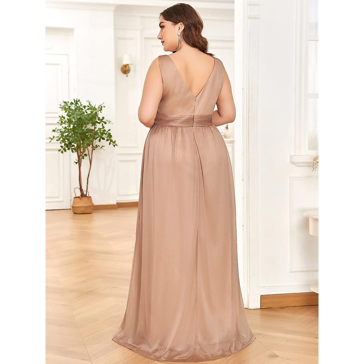 Ever-Pretty Womens Plus Size Ruched Bust Empire Waist Sparkle Stamping V-Neck Mother of The Bride Dress Gold US24